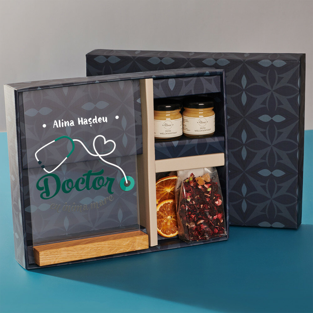 Set cadou pentru doctor cu imprimare pe sticlă și ceai - MyGift.ro