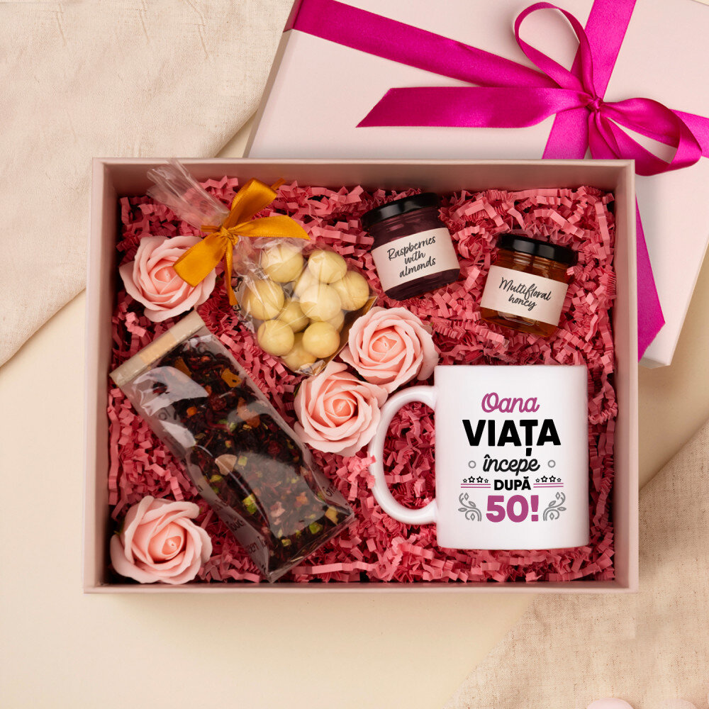 Set cadou de a 50 aniversare cu cană, ceai și bomboane - MyGift.ro